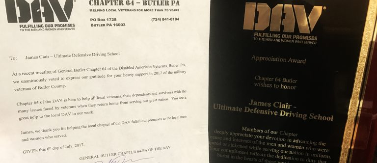 DAV award and letter | Ultimate Defensive Driving